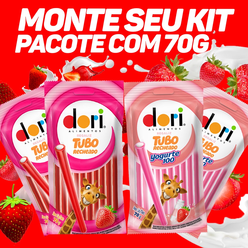 Kit 3x Tubo Recheado Morango ou Yogurte Regaliz Dori - 70g / Divirta-se ... Kit 3x Tubo Recheado Morango ou Yogurte Regaliz Dori - 70g / Divirta-se ...