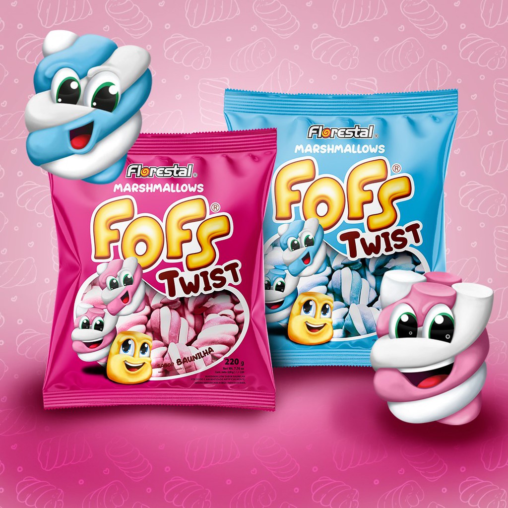 Marshmallow Fofs Twist 220g Florestal Rosa e Azul Sabor Baunilha Doces ...
