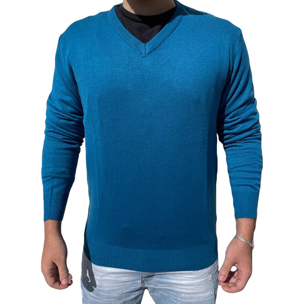 Suéter Malha Lisa Tricot Masculino Gola V Slim Azul Royal | Shopee Brasil