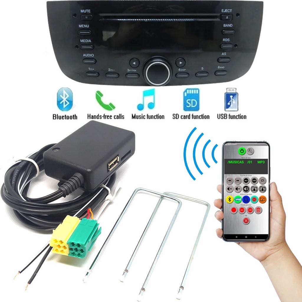 Adaptador Bluetooth FIAT PUNTO LINEA MicroSD MP3 Som chamadas app Android controle remoto ...