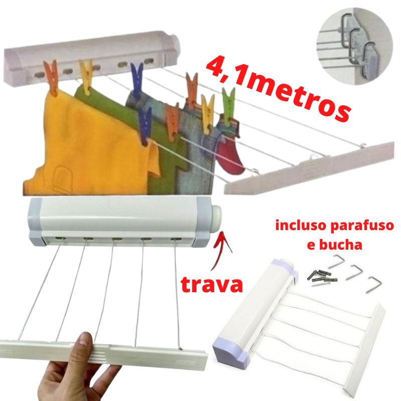 Varal Automático 5 Cordas Retrátil Parede 4,1 Metros Secalux - Branco | Shopee Brasil