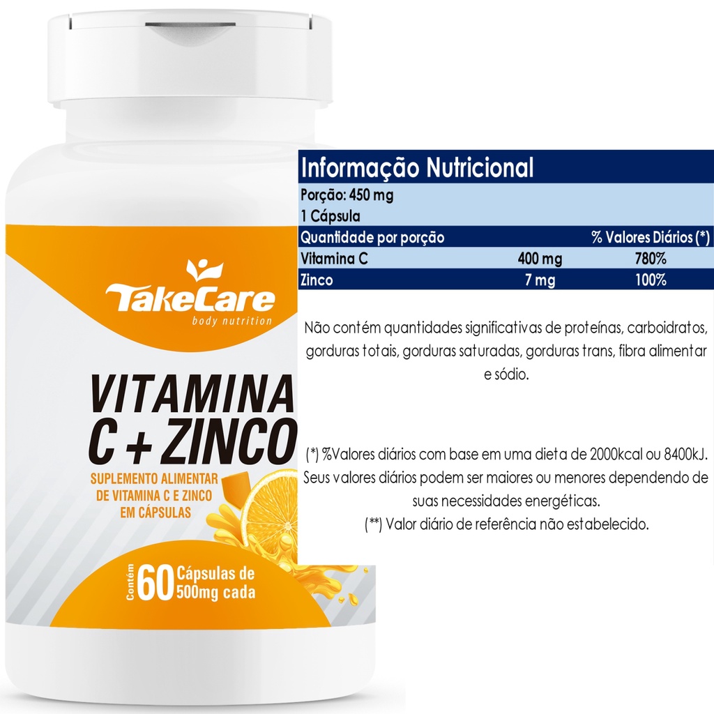 Vitamina C 400mg + Zinco 7mg 60 Caps Imunidade - Take Care | Shopee Brasil