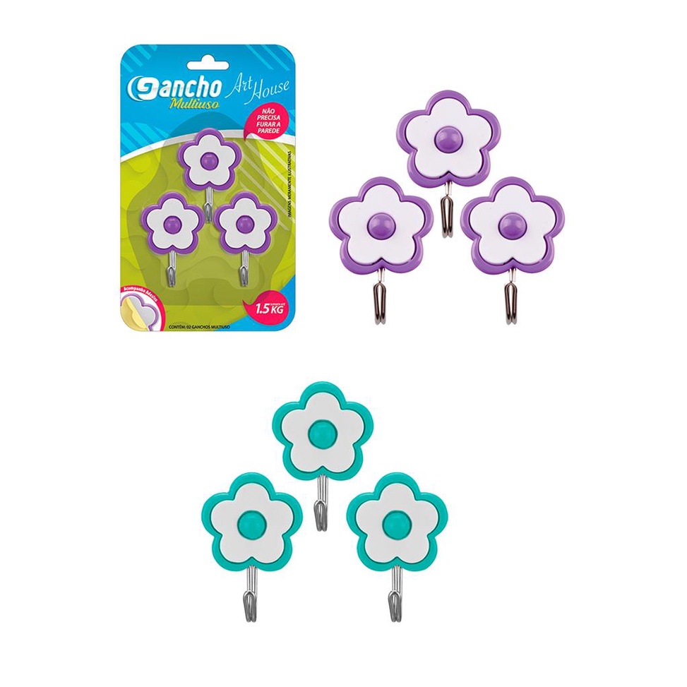 Gancho 1,5kg Flor Adesivo parede Super aderencia kit com 3 ganchos ...