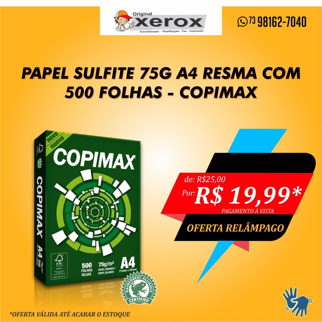 PAPEL SULFITE COPIMAX A4 BRANCO 75G RESMA COM 500 FOLHAS | Shopee Brasil