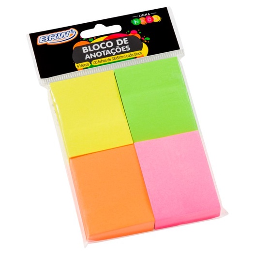 Bloco de notas adesivas colorido neon 38 mm x 51 mm c/ 4 blocos de 100 ...