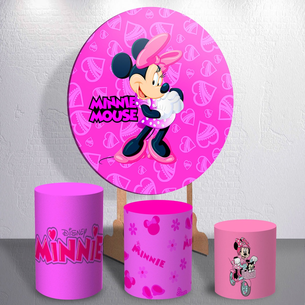 Kit Painel Redondo Minnie Mouse + Trio Capa de Cilindro 3d Sublimado ...