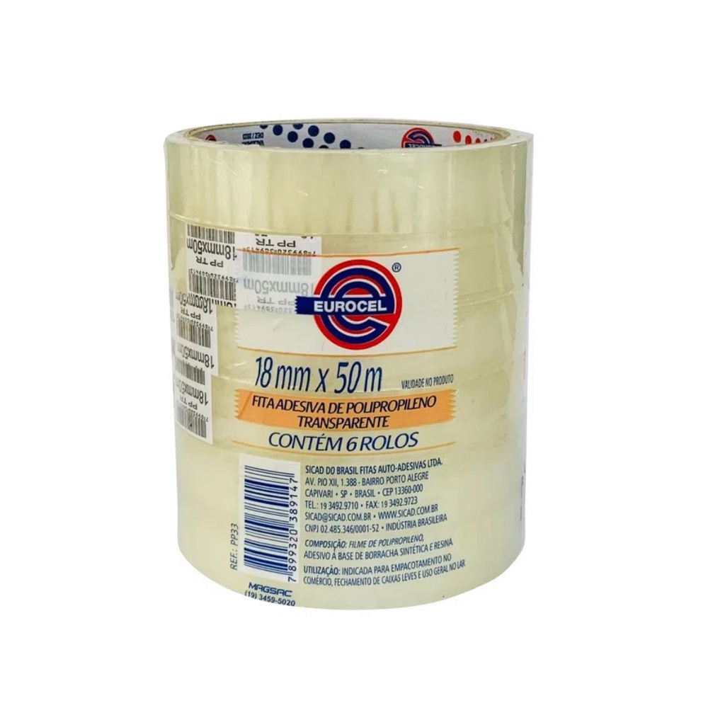 Kit 6 Unidadades Fita Adesiva 50m Transparente Eurocel | Shopee Brasil