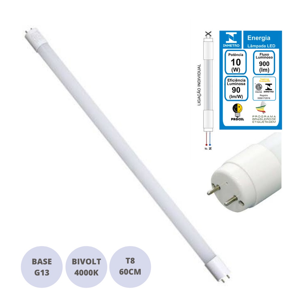 Lampada LED 10W Tubular T8 60cm INMETRO Branco Neutro 4000K Bivolt | Shopee Brasil