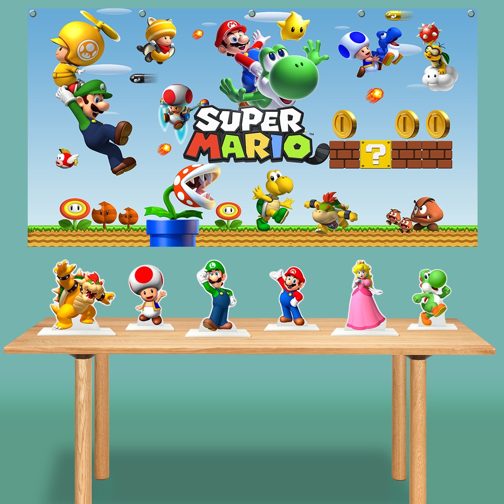 Kit Festa Super Mario painel em lona + 6 displays de 20cm de altura ...