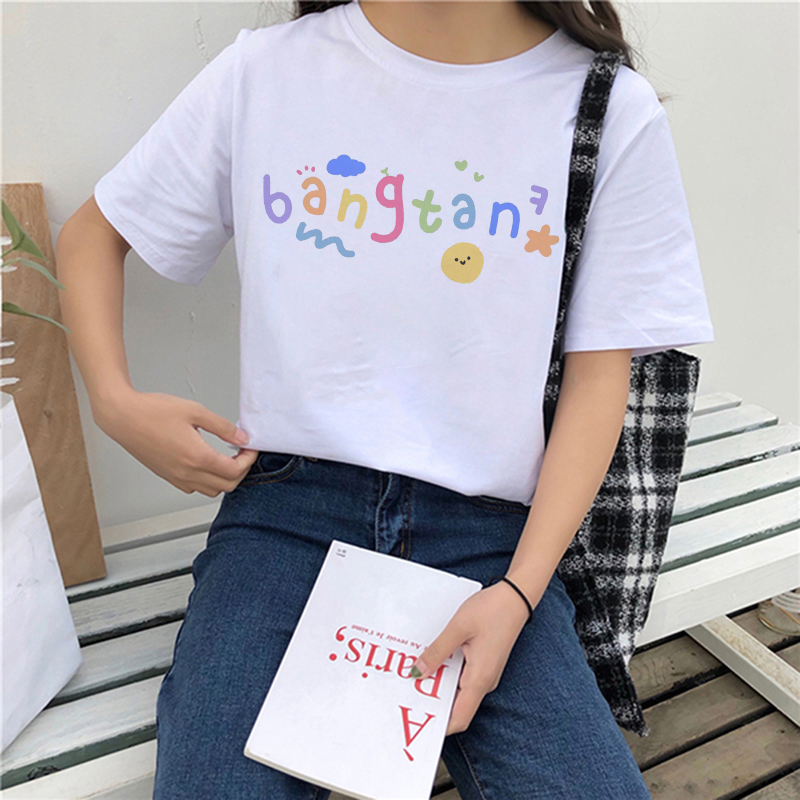 Moda BTS Camiseta Impressa Fofa Coreana Tamanho Superior Top K-POP ...