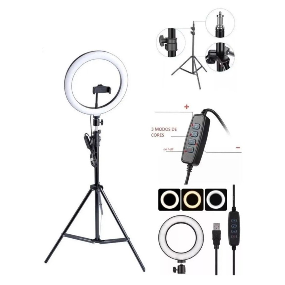 Ring Light 10 polegadas 3 cores de leds tripé de 2 metros Gi | Shopee Brasil