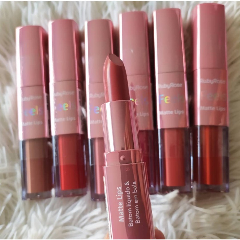 BATOM FEELS DUO LIPS MATTE 6ml RUBY ROSE HB-8608 | Shopee Brasil