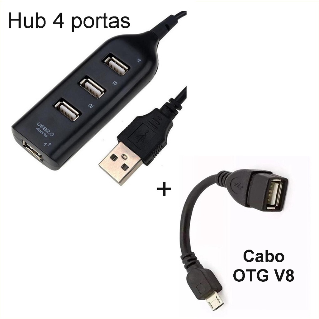 Kit Hub 4 Portas Extensor Usb + Cabo Otg Adaptador Micro Usb V8 Para ...