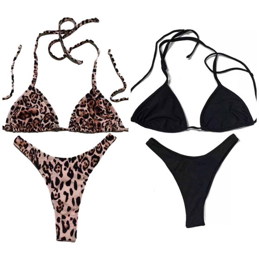 Kit 2 Biquinis Feminino Para Praia Piscina Básicos Preto E Onça