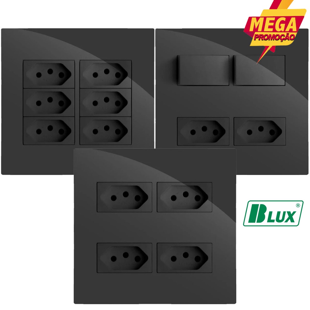 Tomada 10a 20a Interruptor Simples/Paralelo Conjunto 4x4 Completo Recta Black Satin Fosco BLUX ...