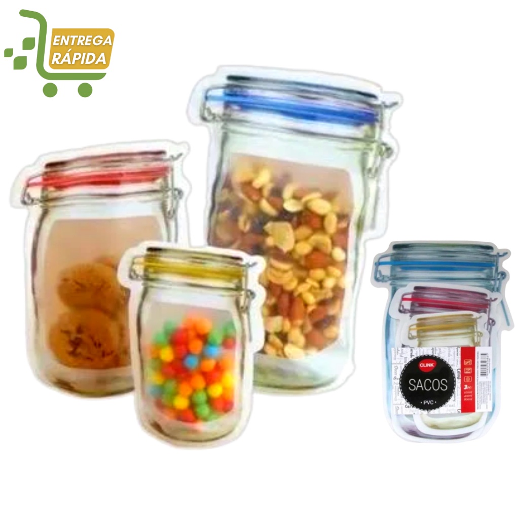 Kit 3 Sacos Herméticos PVC Zip Lock Pote Sustentável Reutilizável ...