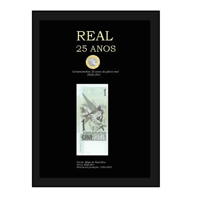 Quadro Moeda Beija Flor comemorativa 25 anos do plano real + Cédula 1 Real Completo | Shopee Brasil