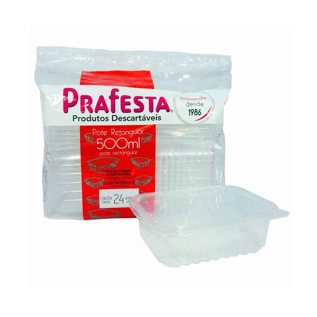 Pote Retangular transparente Prafesta 500ml Marmita Fit - Microondas/freezercom tampa c/ 24 Unid ...
