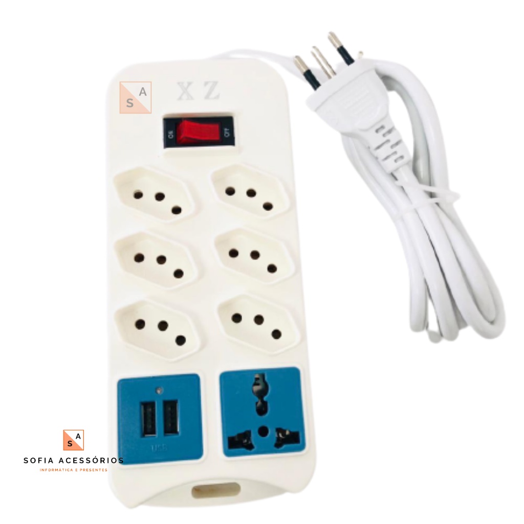 Extensão 6 Tomadas 10A 2 Usb + 1 Tomada Universal 20A Cabo De 2m | Shopee Brasil