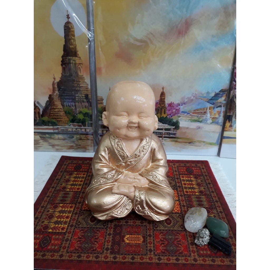 Monge Buda Sorridente Gratidao Estátua Gesso Dourado (14cm) | Shopee Brasil