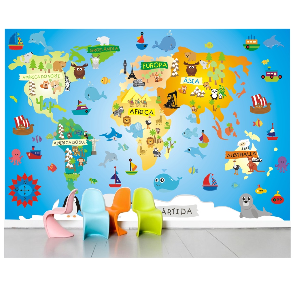 Adesivo Infantil Papel De Parede Mapa Mundi Painel Decorativo Mapas ...