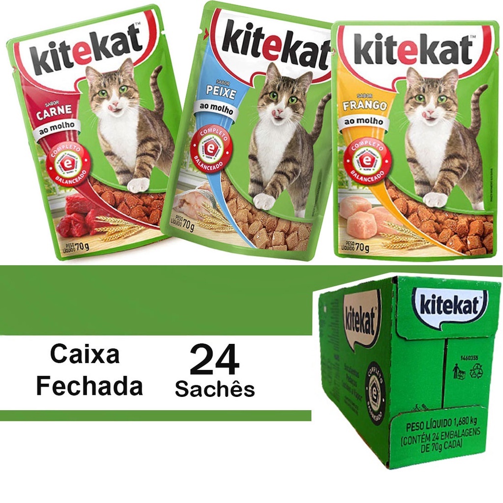 24 Unds Sachê de Ração Úmida para Gatos Kitekat sabores 70g Caixa ...