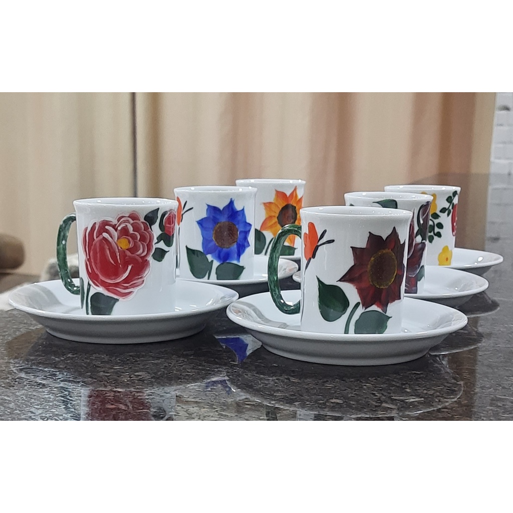 Jogo 6 Xícaras Canecas Café/Chá com pires - 120ml - Porcelana Decorada | Shopee Brasil