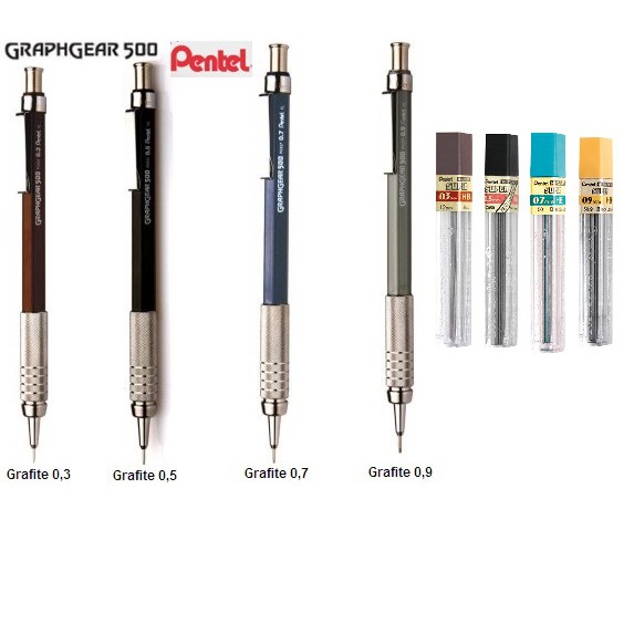 Kit Lapiseira Pentel Graphgear 500 0.3 0.5 0.7 0.9 + Grafite HB ...