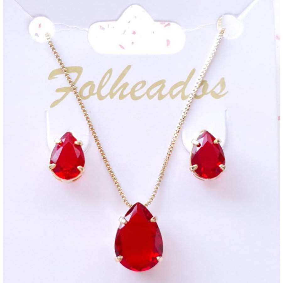 Conjunto Colar e Brinco Gota Folheado (Ruby) | Shopee Brasil