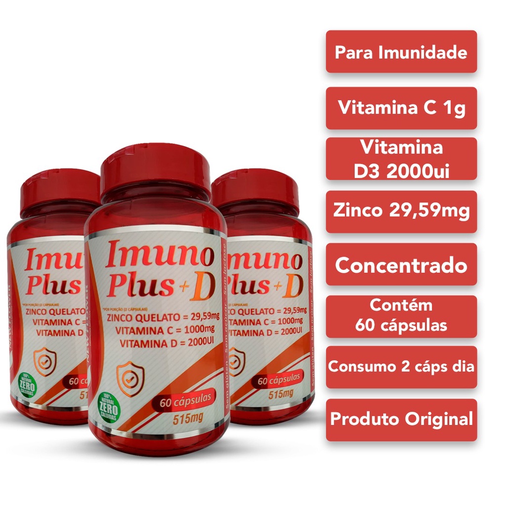 KIT 3 Imuno Plus VITAMINA C 1G + D3 2000ui + ZINCO 25,59mg - 180 ...