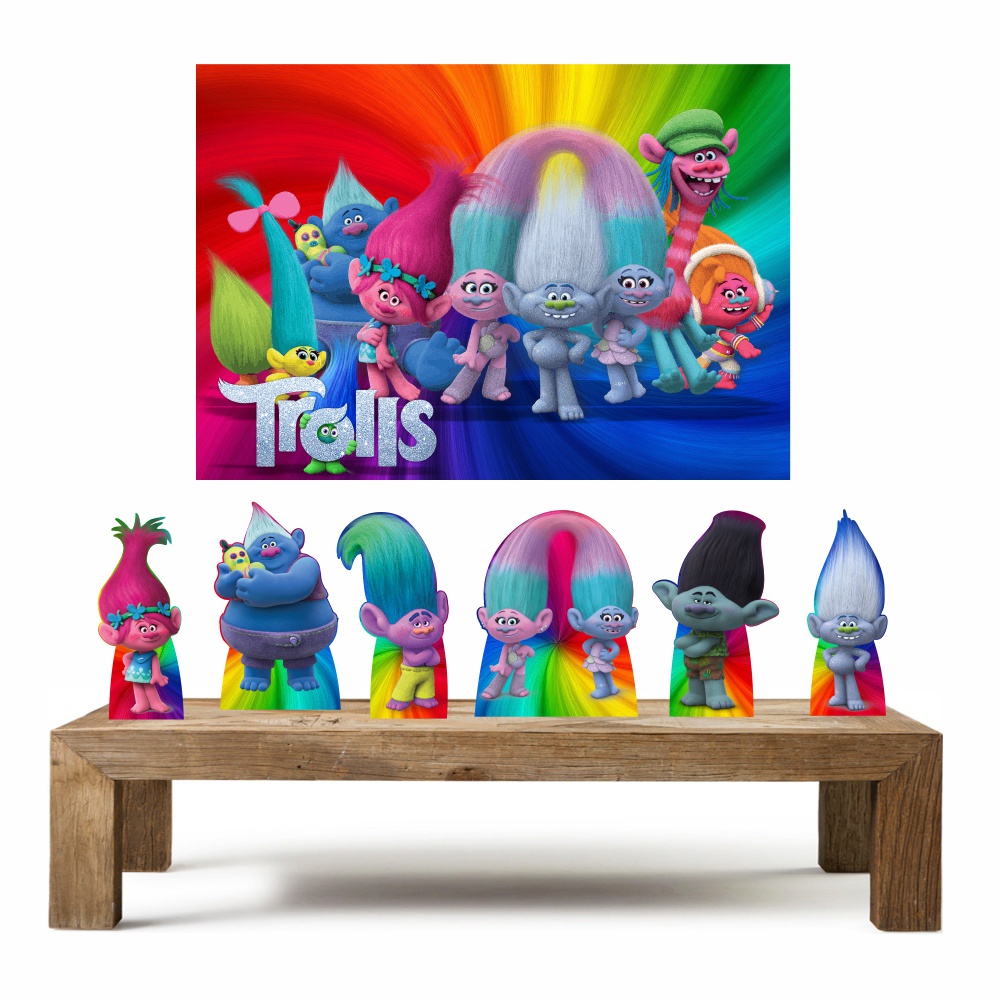 Trolls Kit 6 Totens De Mesa + Painel De Parede Kit Enfeites kit festa ...