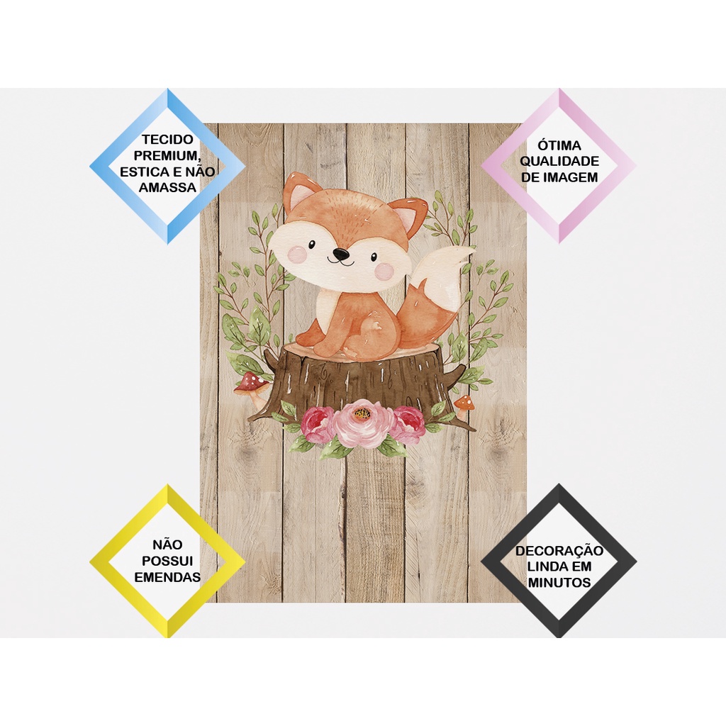 Painel De Festa 3d Vertical - Bosque Raposa Madeira Com Flor - 1,50 x 2 ...