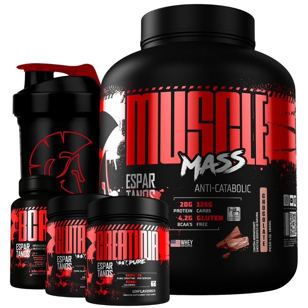 Kit Suplemento Hipercalórico Muscle Mass + Bcaa 3:1:1 + Creatina + Glutamina + Shaker ...