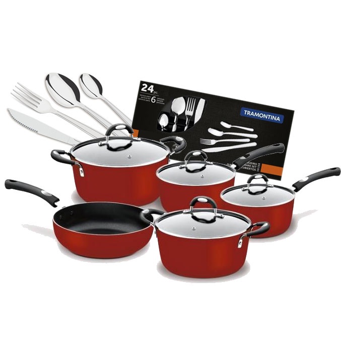 Jogo de Panelas Mônaco Vermelha 5 Peças e Faqueiro Buzios Inox ...