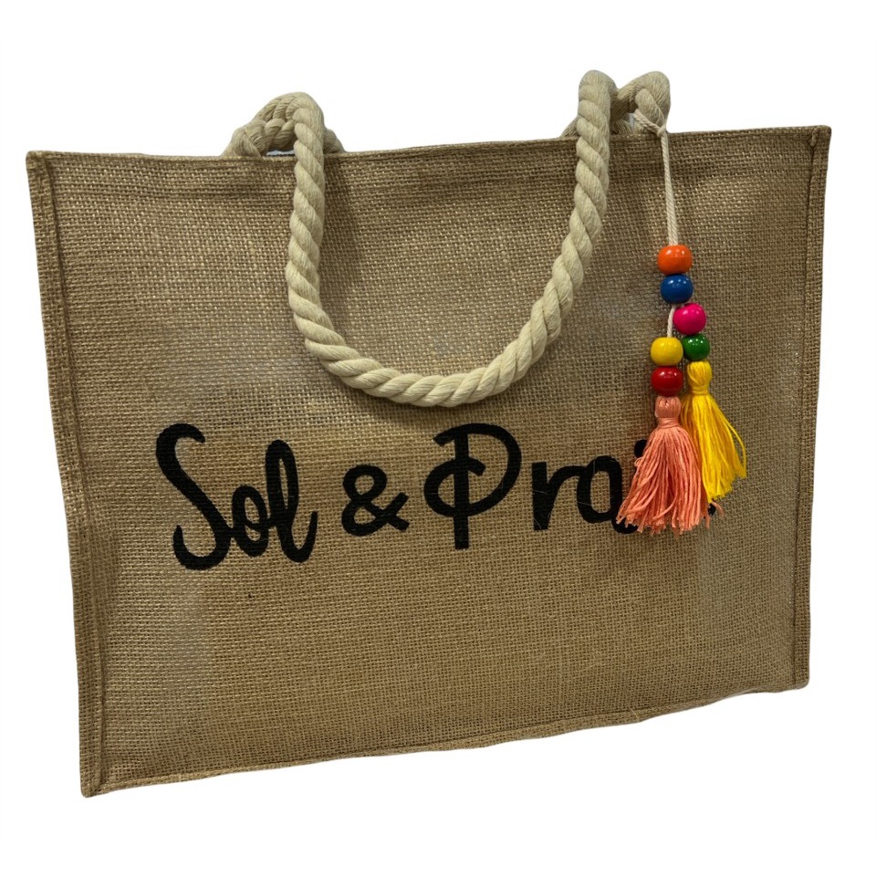 Bolsa De Palha De Juta de praia bolsa ecológica Feminina Amo O Verão Sol E Praia Com Chaveiro ...