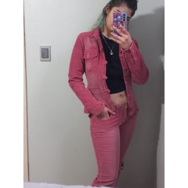 Calça + jaqueta veludo cotelê rosa y2k (brechó) | Shopee Brasil