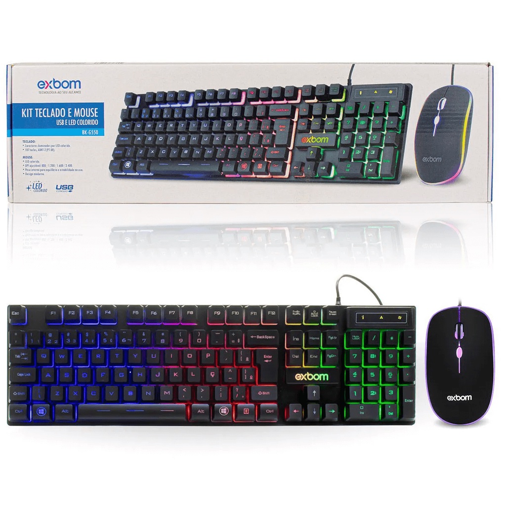 Kit Teclado e Mouse Gamer Iluminado led Rgb Grande 2400 DPI e 3 Botões ...