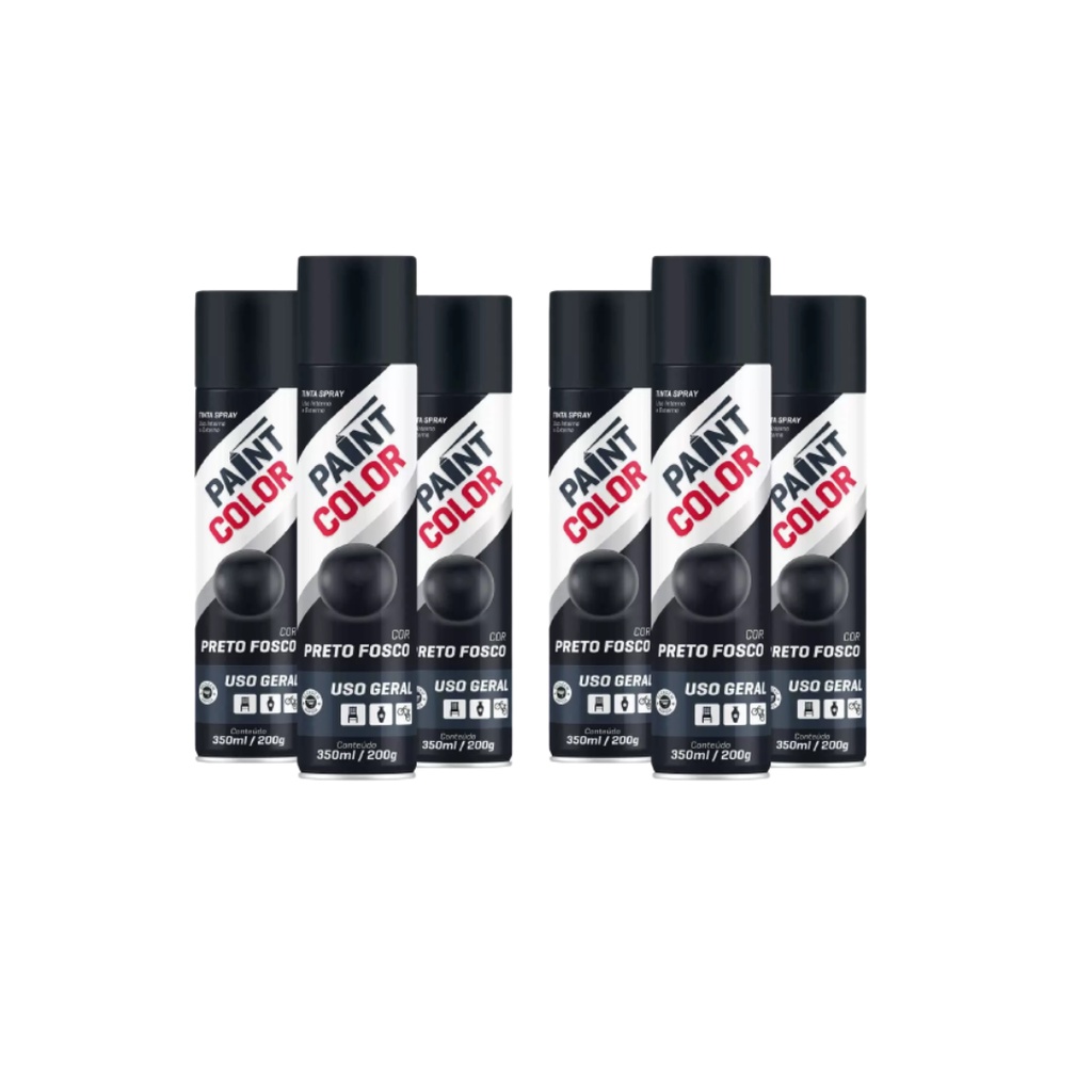 Kit c/6un Tinta Spray Aerosol Paint Color Preto Fosco 250ml Uso Interno ...