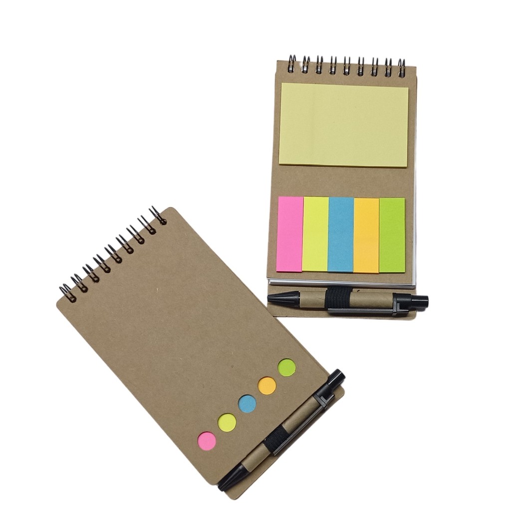 Bloco de anotações aramado e com post-it, folhas com pauta e capa em ...