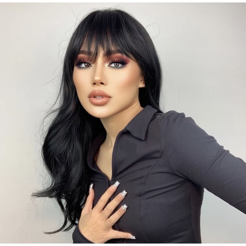 Peruca Lace Wig ondulada Com Franja Preta 250g Fibra Premium | Shopee ...