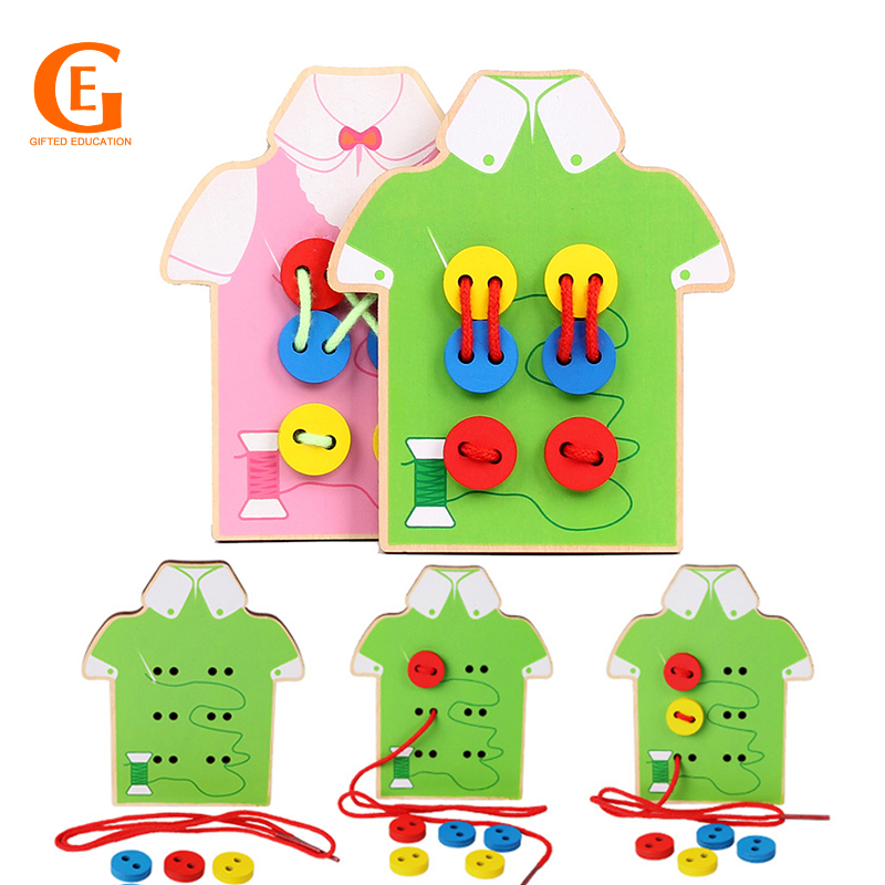 Montessori Kids Sewing Button Threading Toy Wooden Kindergarten ...
