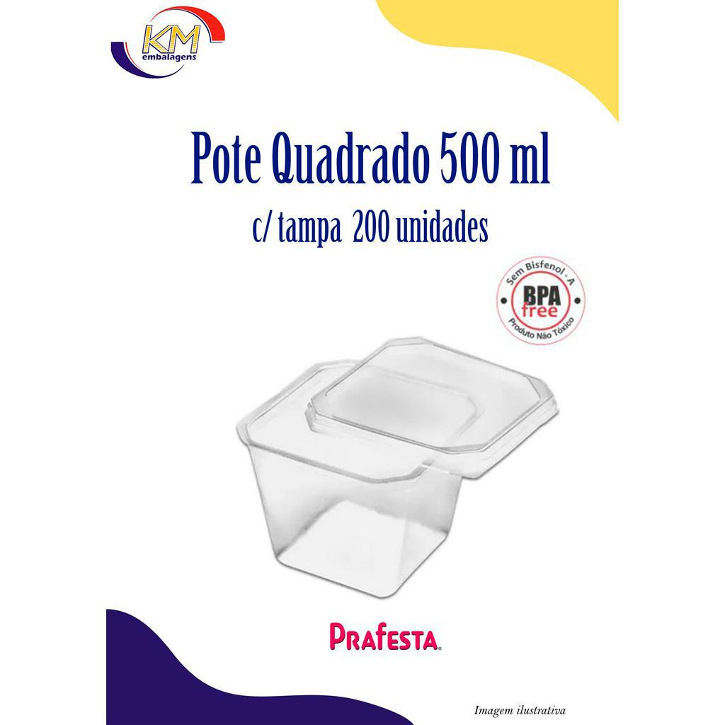 Pote quadrado 500 ml c/tampa 200 unid - Prafesta - caldos, sorvetes ...