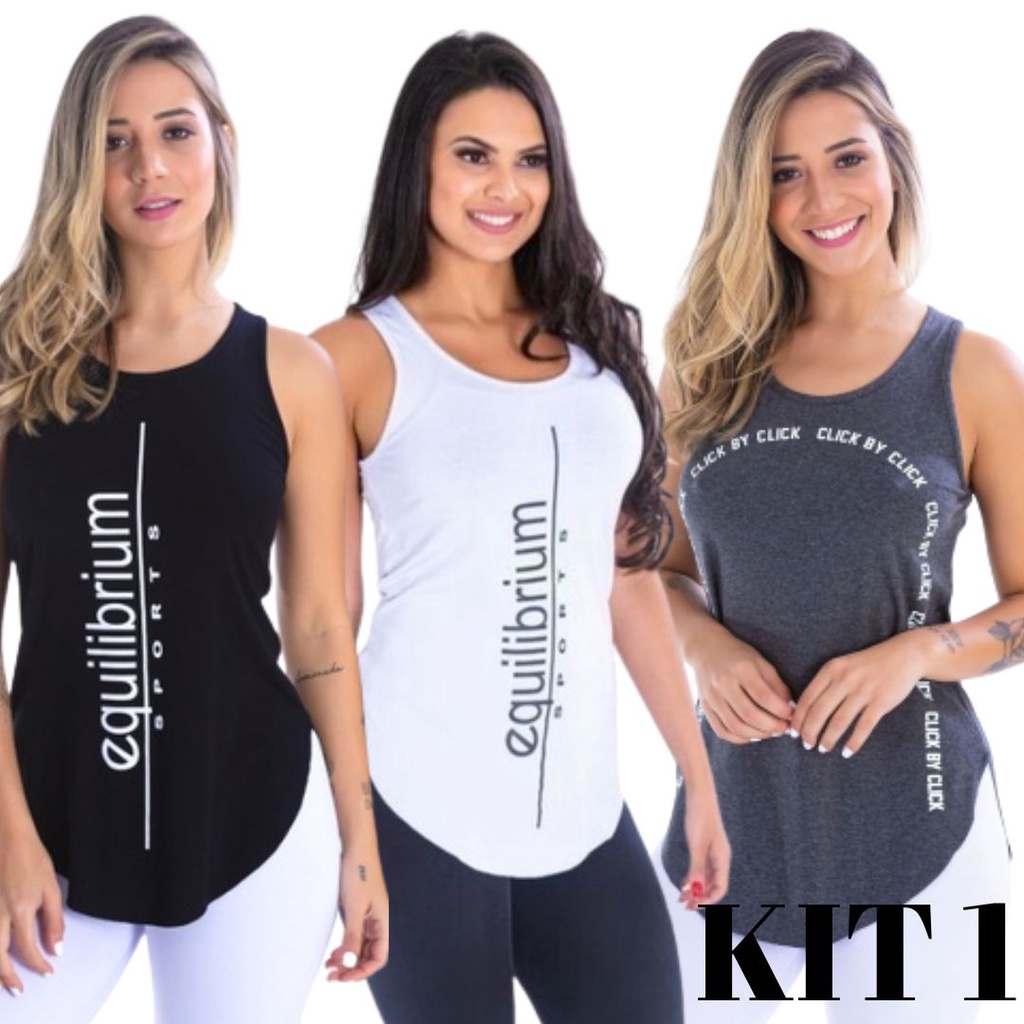 kit com 3 Camisetas Regatas Blusas Femininas Viscolycra Fitness Atleta ...