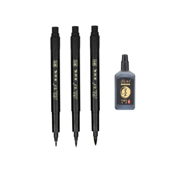 Kit 3 Caneta Nanquim Recarregável Pen Brush Pincel + Tinta Preta ...
