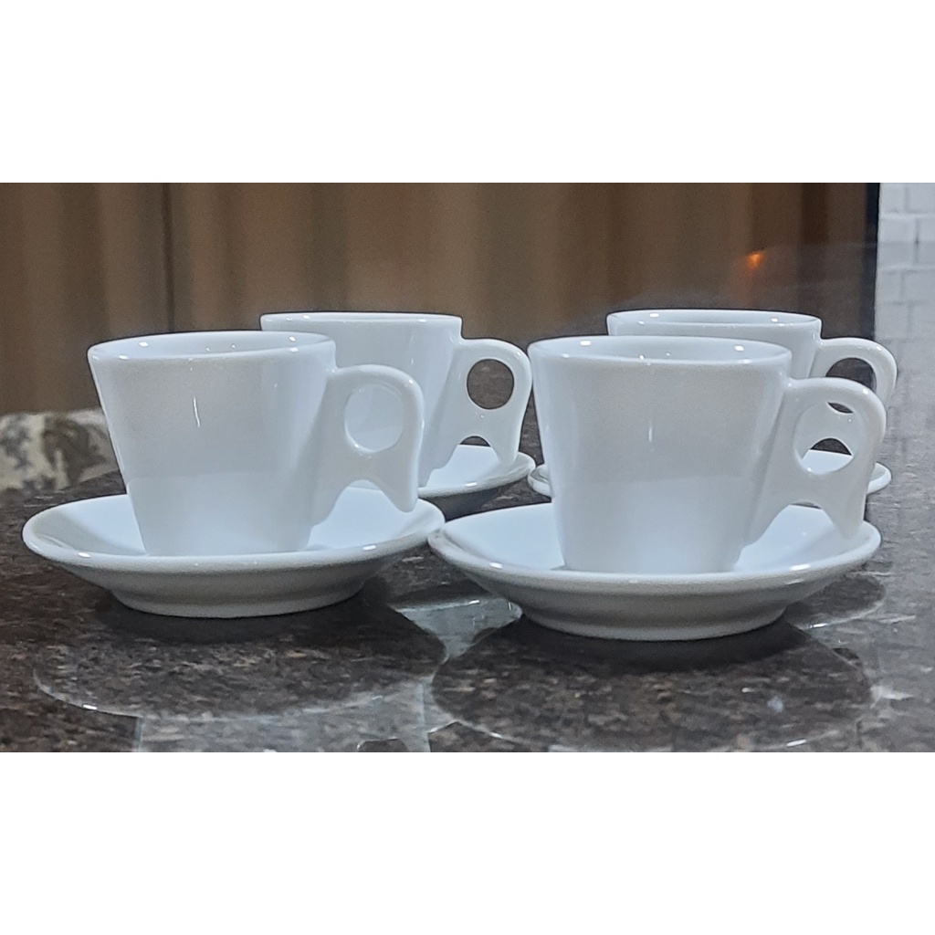Jogo 4 xícaras de Café com pires - 70ml cabo prático - Porcelana branca | Shopee Brasil