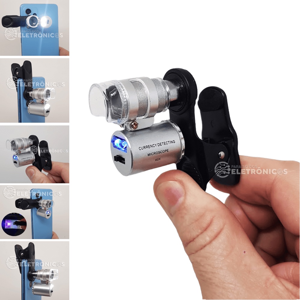 Mini Microscópio Lupa Clip Para Celular Smartphone Lente Zoom 60x LED ...