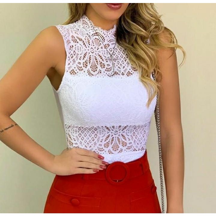 Body feminino de renda gola alta manga cavada com bojo moda | Shopee Brasil