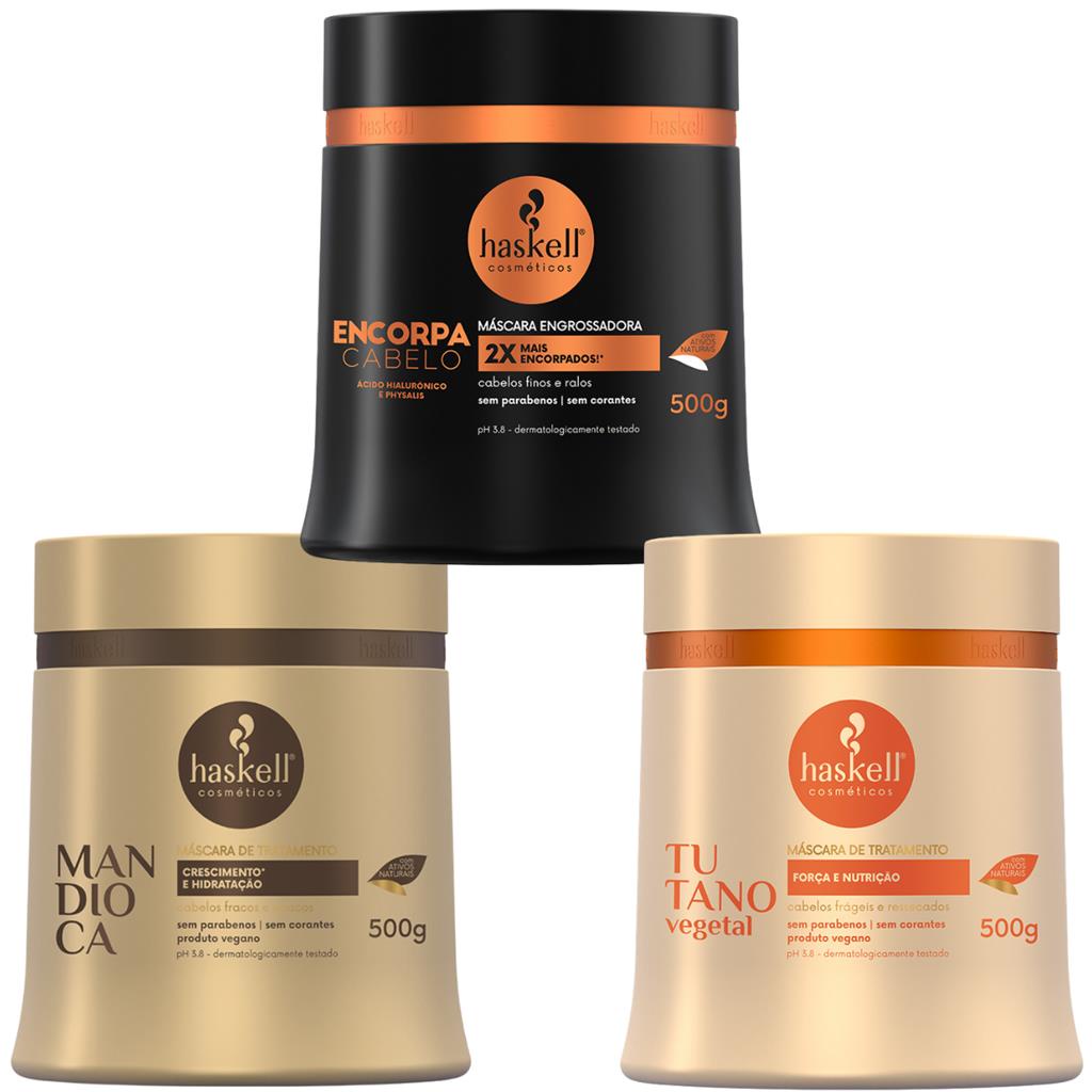Kit Cronograma Capilar Cabelos Finos e Ralos Haskell Máscara Mandioca 500g, Máscara Encorpa ...