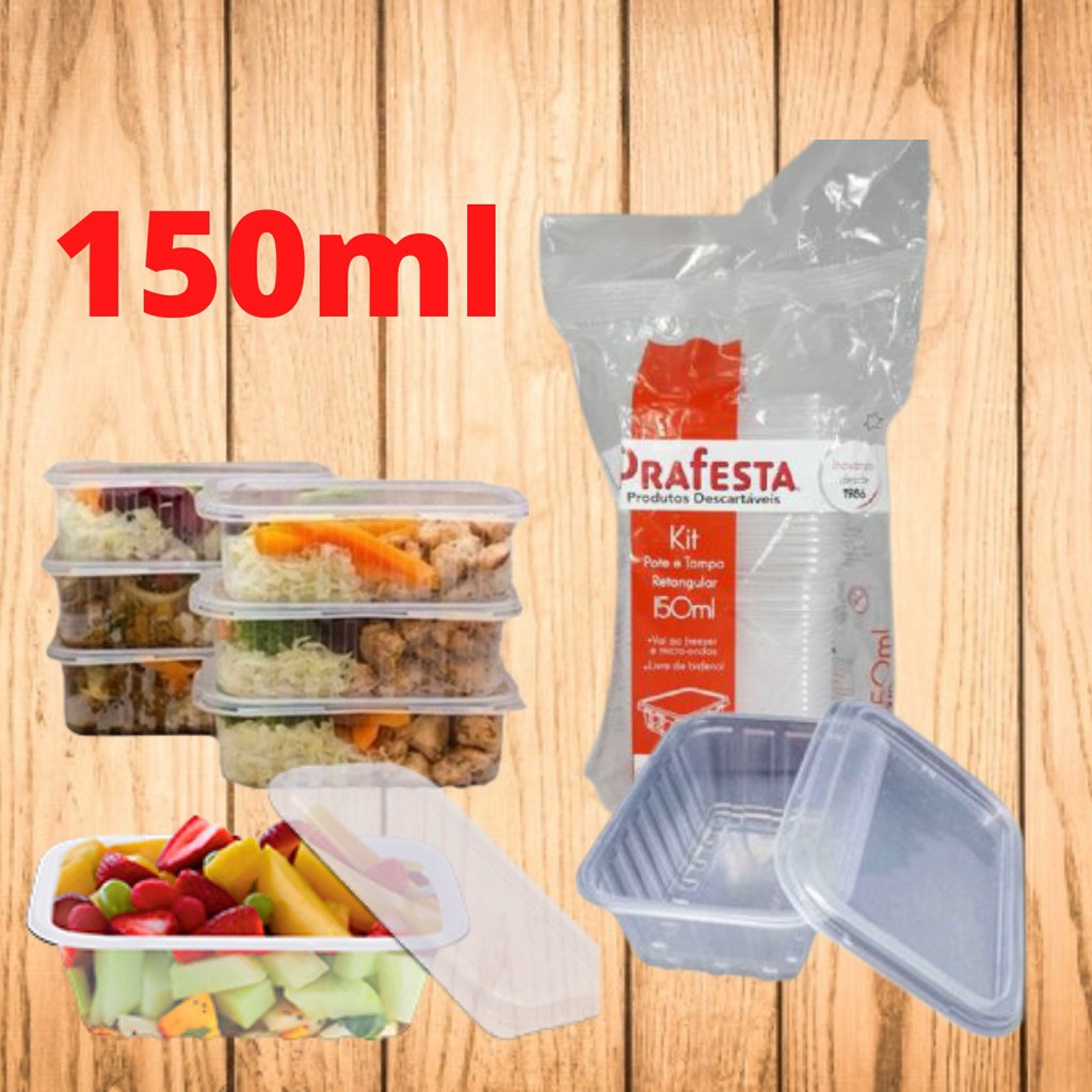 Pote Retangular transparente Prafesta 150ml Marmita Fit - Microondas/freezercom tampa c/ 20 Unid ...