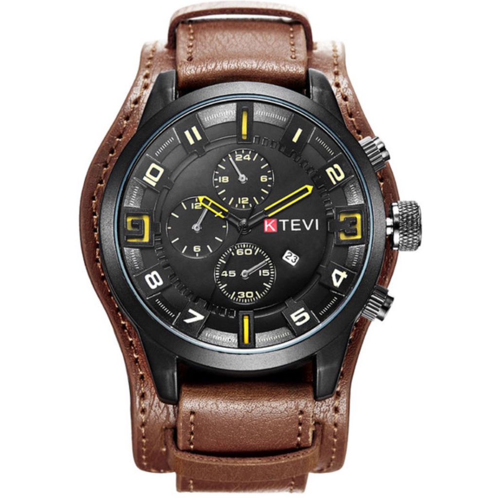 Relogio Masculino Couro Ktevi Bracelete Marrom Preto | Shopee Brasil